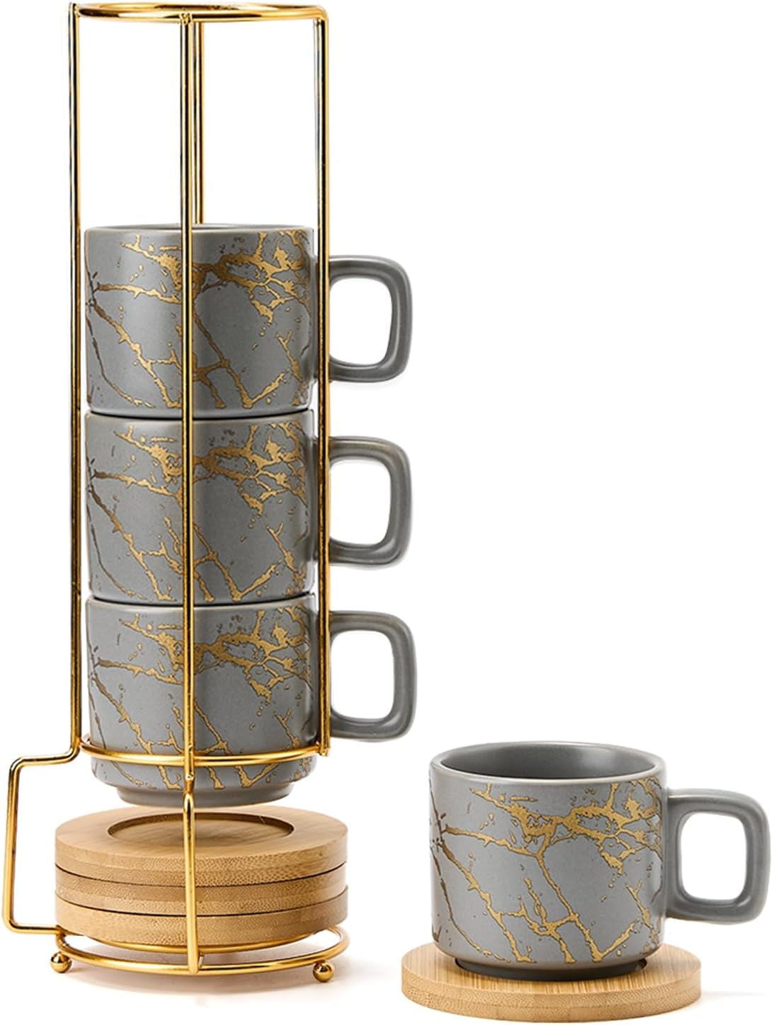 Porcelain Espresso Cup with Saucer and Metal Stand, 4 Ounce Stackable ...