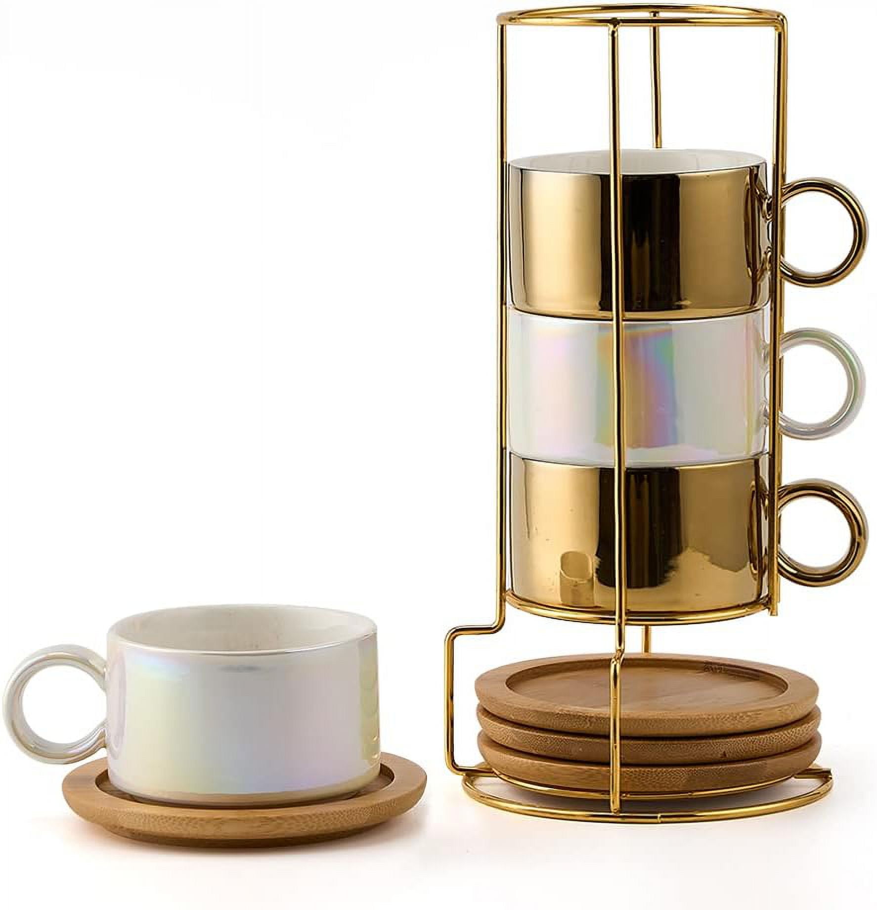 Porcelain Espresso Cup with Saucers and Metal Stand - 6 Ounce Stackable ...