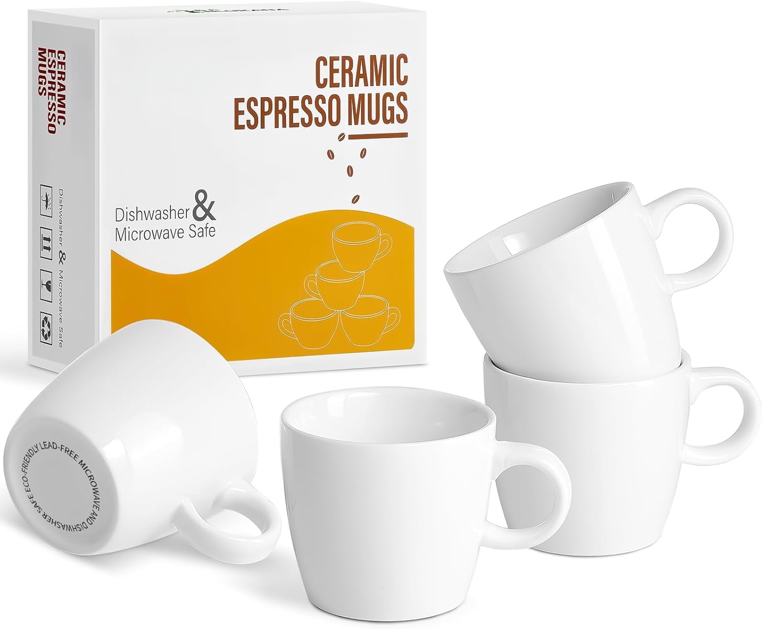 Porcelain Espresso Cups Set of 4, 3.5 oz Small Coffee Mugs, White ...