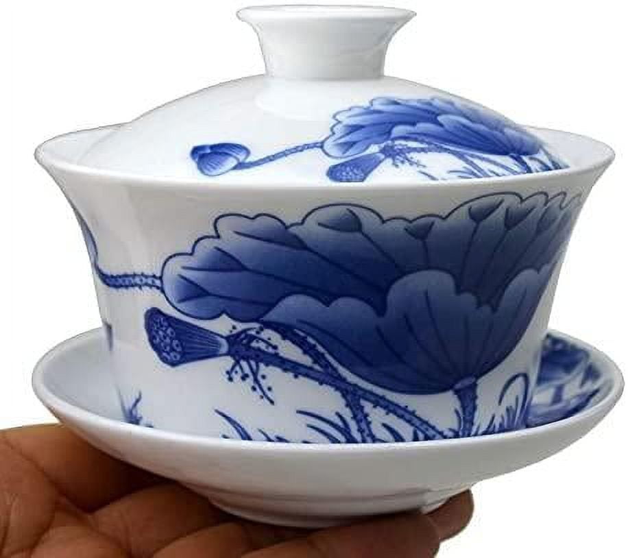 Porcelain Gaiwan 9oz Teacup Blue White Glazed Tureen Cups Chinese ...