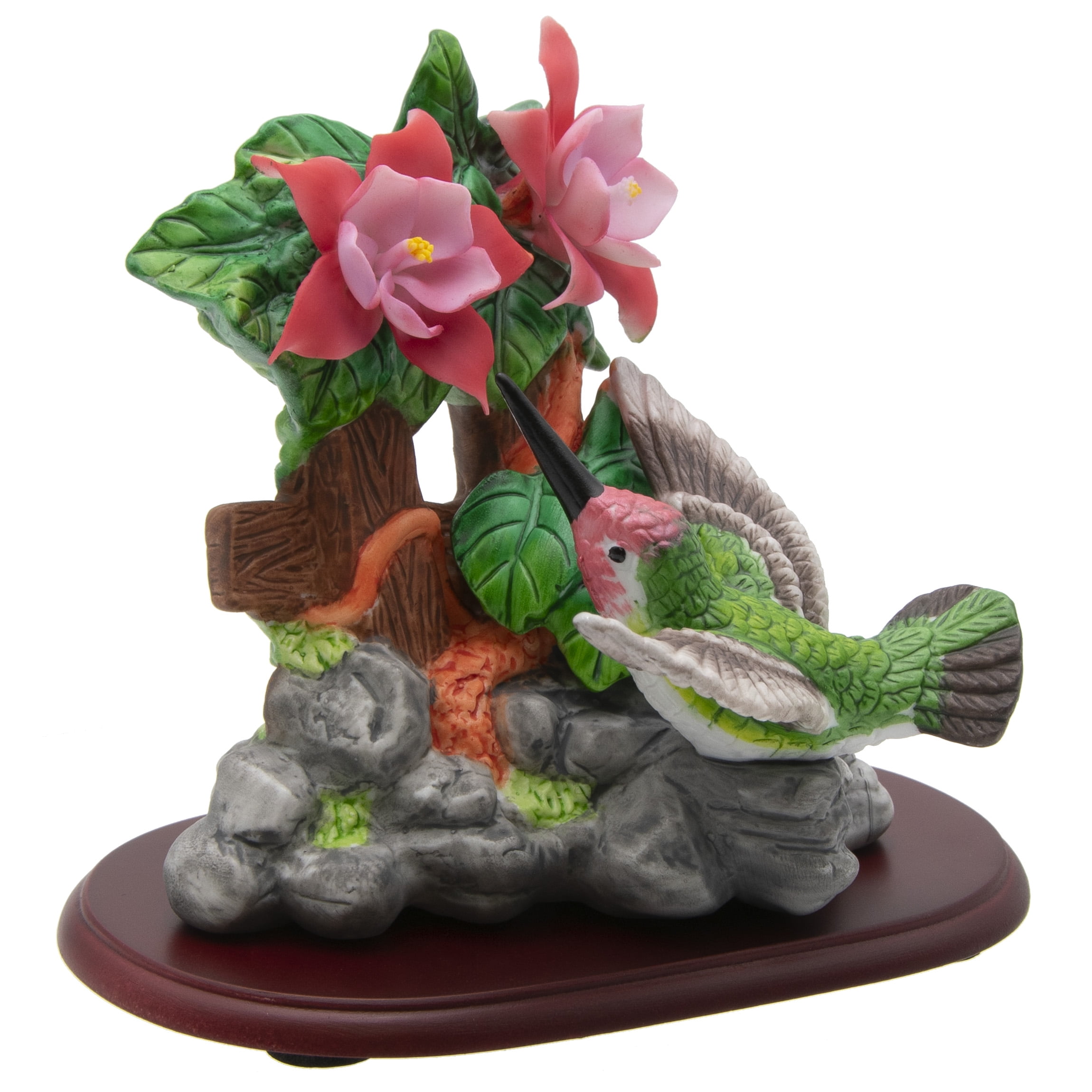 Porcelain Hummingbird and Fuchsia Flowers Figurine with Wooden Pedestal ...