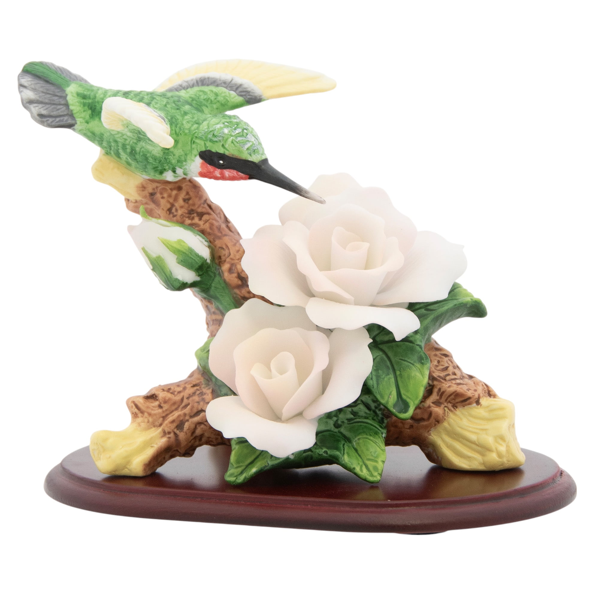 Porcelain Hummingbird and White Roses Figurine with Wooden Pedestal ...