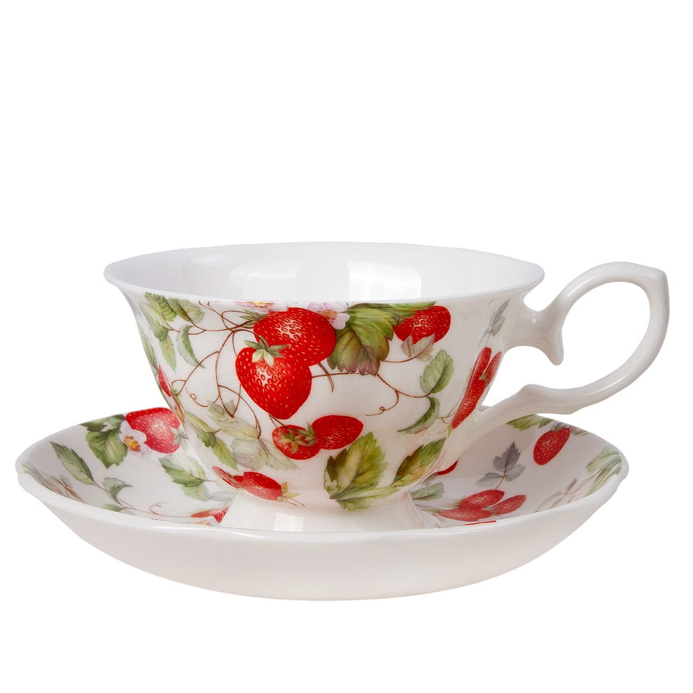 Porcelain Kitchen Teacup and Saucer Strawberry Vine Teacup with Saucer ...