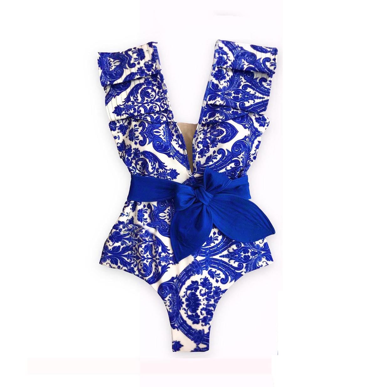 Porcelain Lemon Print Swimsuit With Cover Up Shoulder Ruffle Swim Suit Women Sexy Swimwear