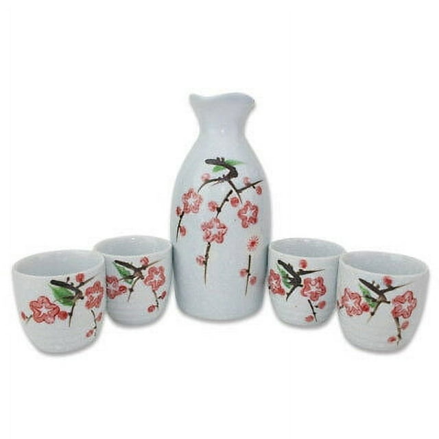 Porcelain Sakura Cherry Flower Sake Set 4 Cups 1 Decanter / Bottle ...