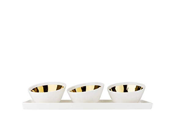 Porcelain Set of 5 Inch Bowls and 5 Inch x 16 Inch Tray Three Sauce ...