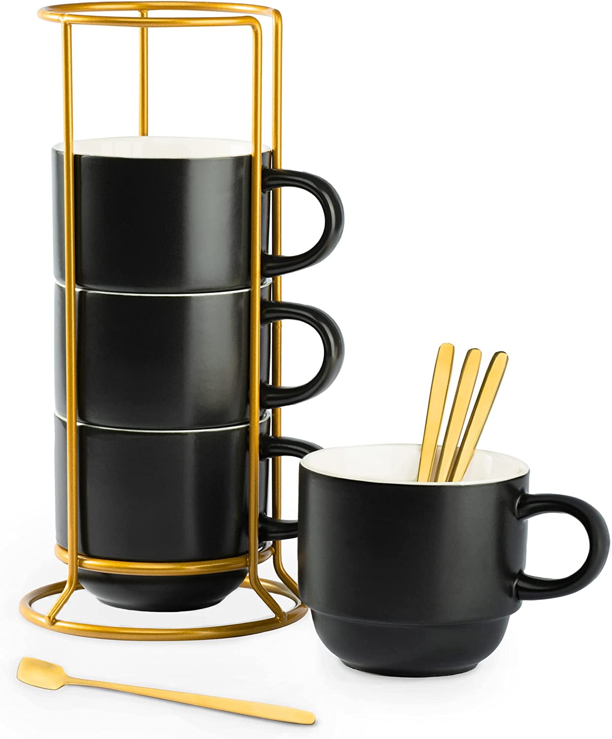 Porcelain Stackable Coffee Mugs Set With Rack, Espresso Cups with Stand ...