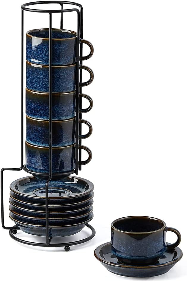 Porcelain Stackable Espresso Cups with Saucers and Metal Stand,4 Ounce ...