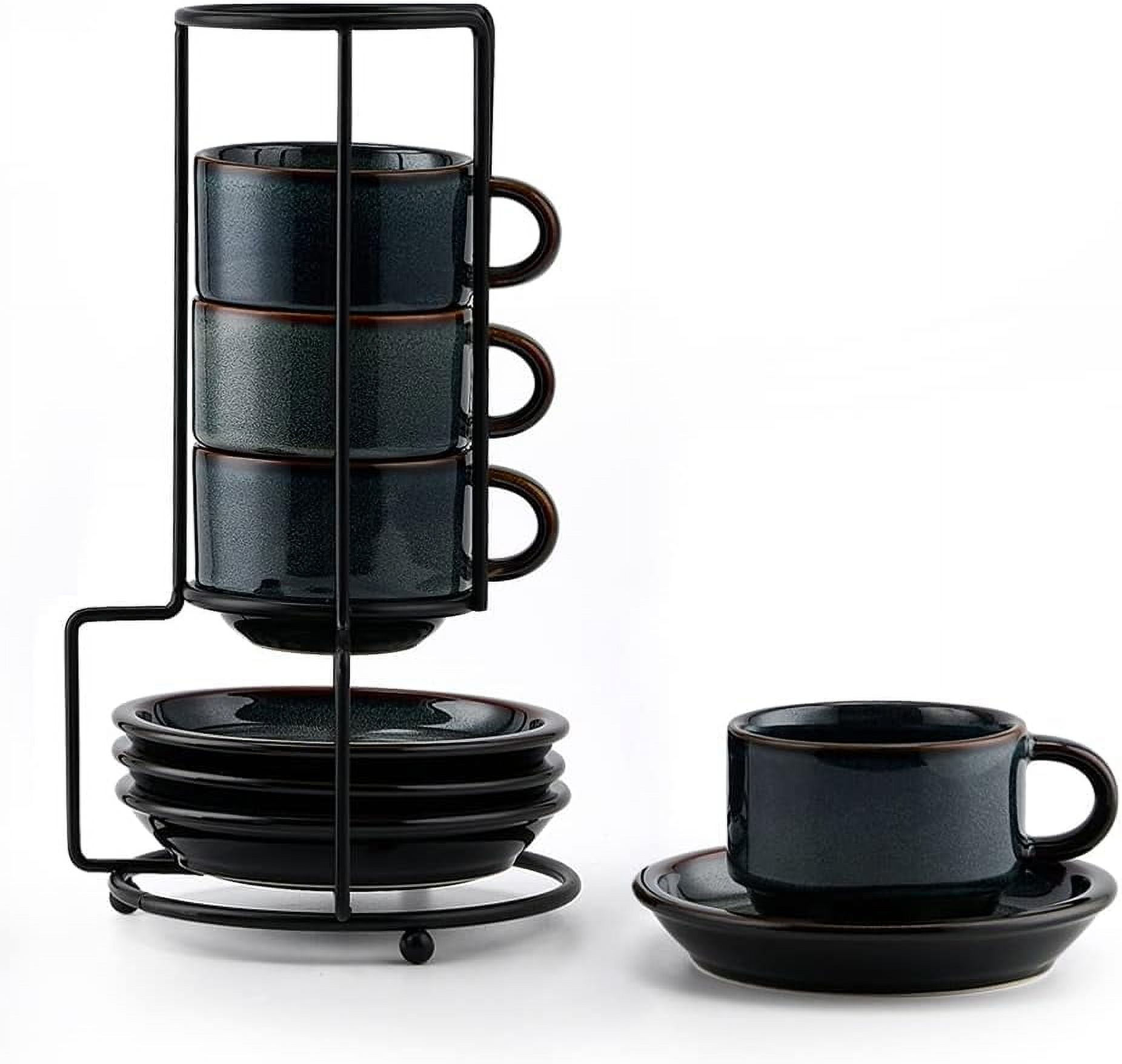 Porcelain Stackable Espresso Cups with Saucers and Metal Stand, 4 Ounce ...