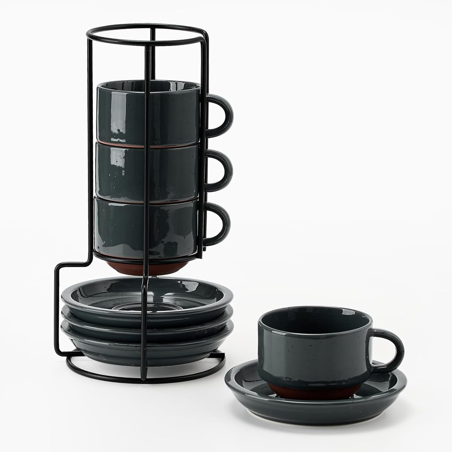 Porcelain Stackable Espresso Cups with Saucers and Metal Stand, 4 Ounce ...