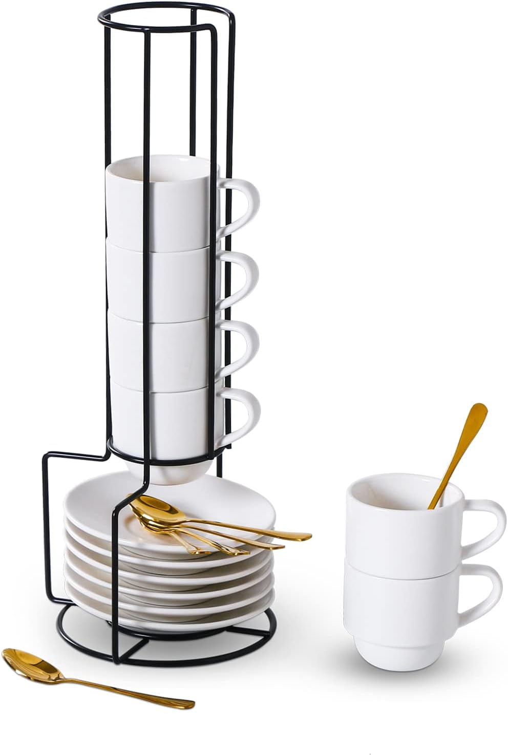 Porcelain Stackable Espresso Cups with Saucers, Spoons and Metal Stand ...