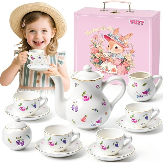 Porcelain Tea Party Set for Little Girls, Kids, Toddlers Pink Heart ...