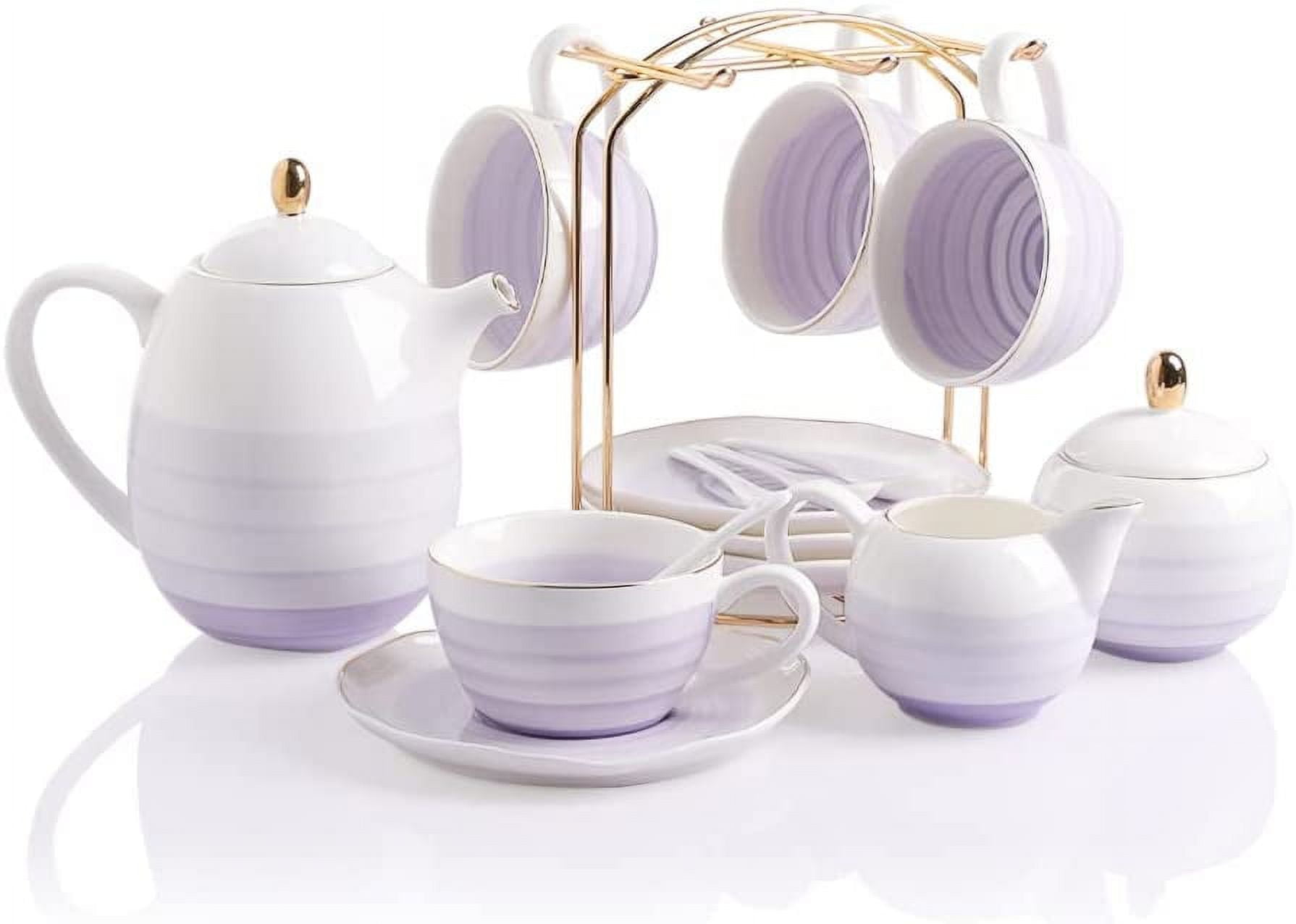 Porcelain Tea Sets, 8 OZ Cups & Saucer Service for 4, Teapot Sugar Bowl ...