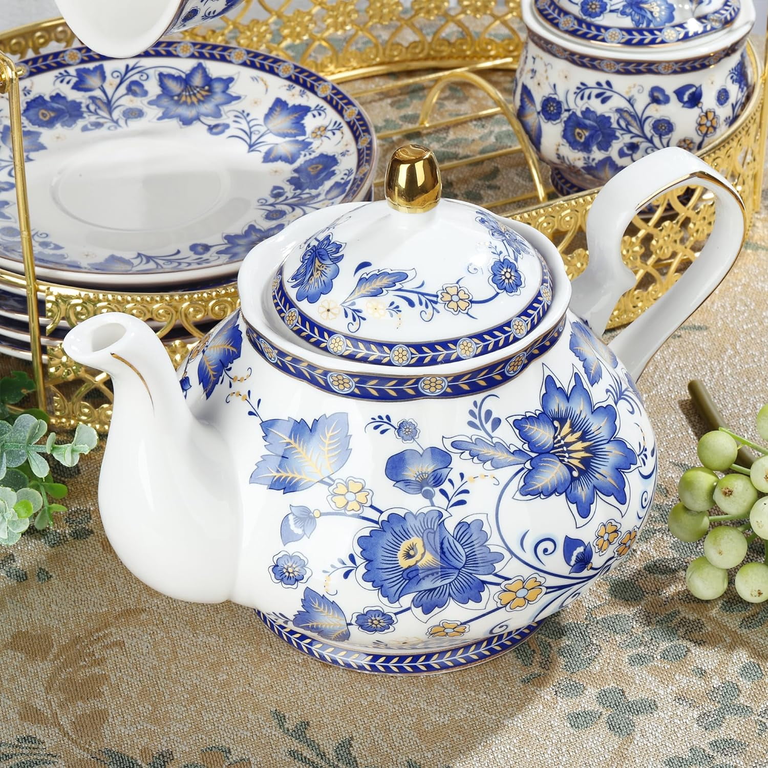 Porcelain Tea Sets,Blue British Coffee Cups& Saucer Service for 6, with ...
