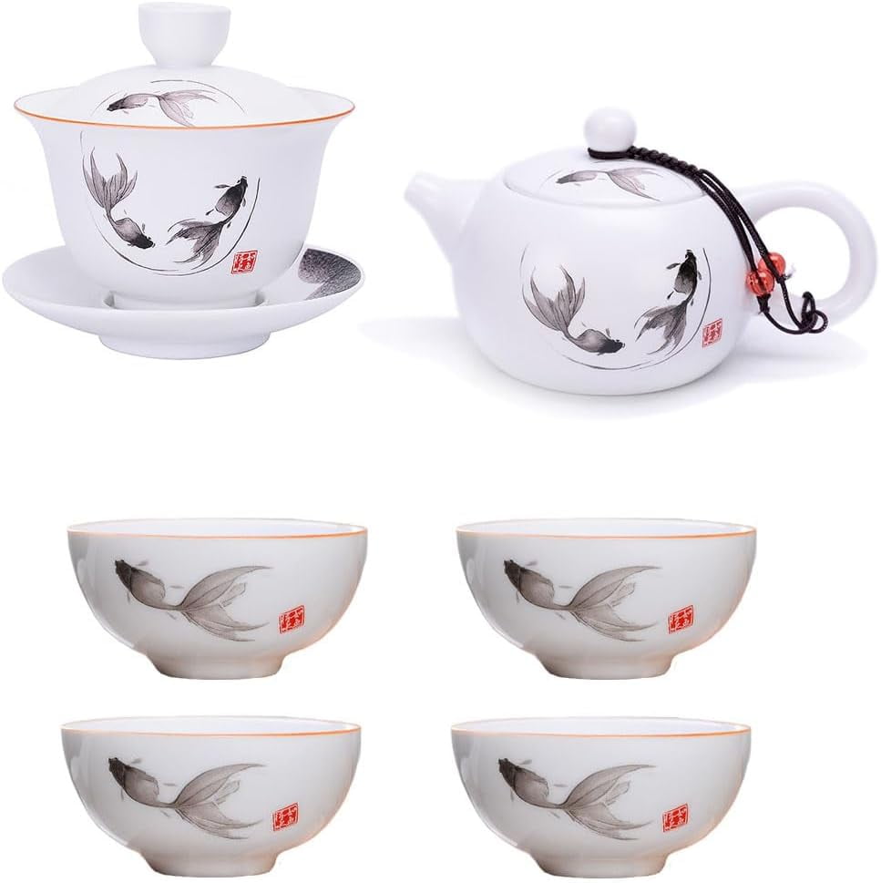 Porcelain Teapot Gaiwan with 4 cups Set，Chinese Feng Shui Ink Painting ...