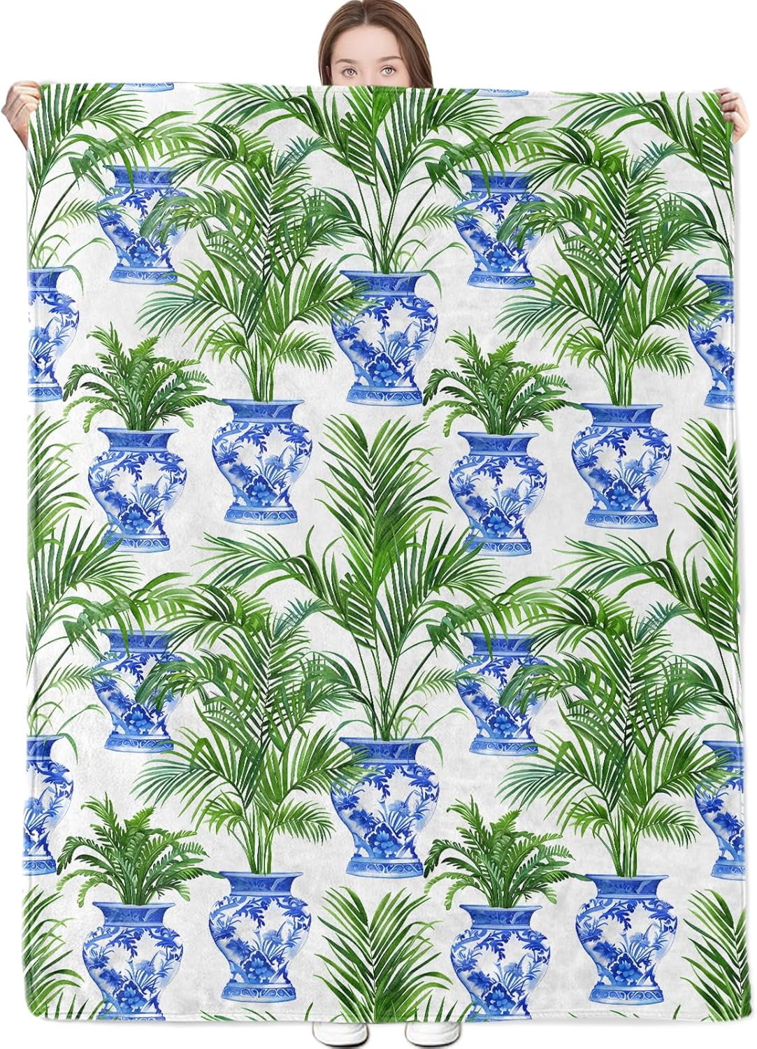 Porcelain Vase and Palm Blanket Chinoiserie Throw Blankets with Blue ...