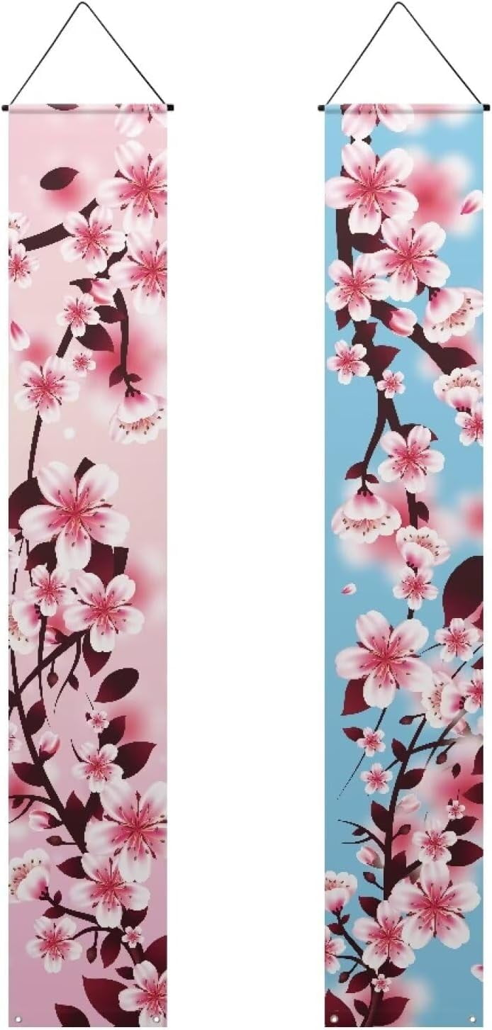 Porch Banner Cherry Blossom Decor Hanging Banner Vertical Sign for ...