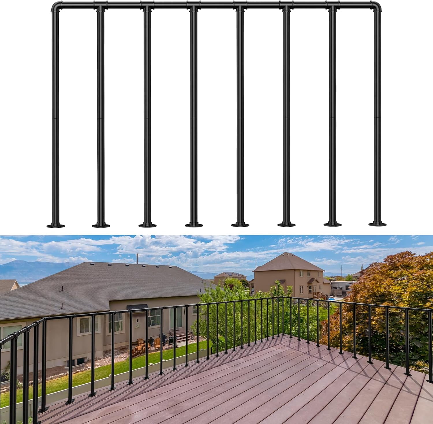 Porch Deck Railing Kit, Metal Deck Balusters, Black Horizontal Wrought ...
