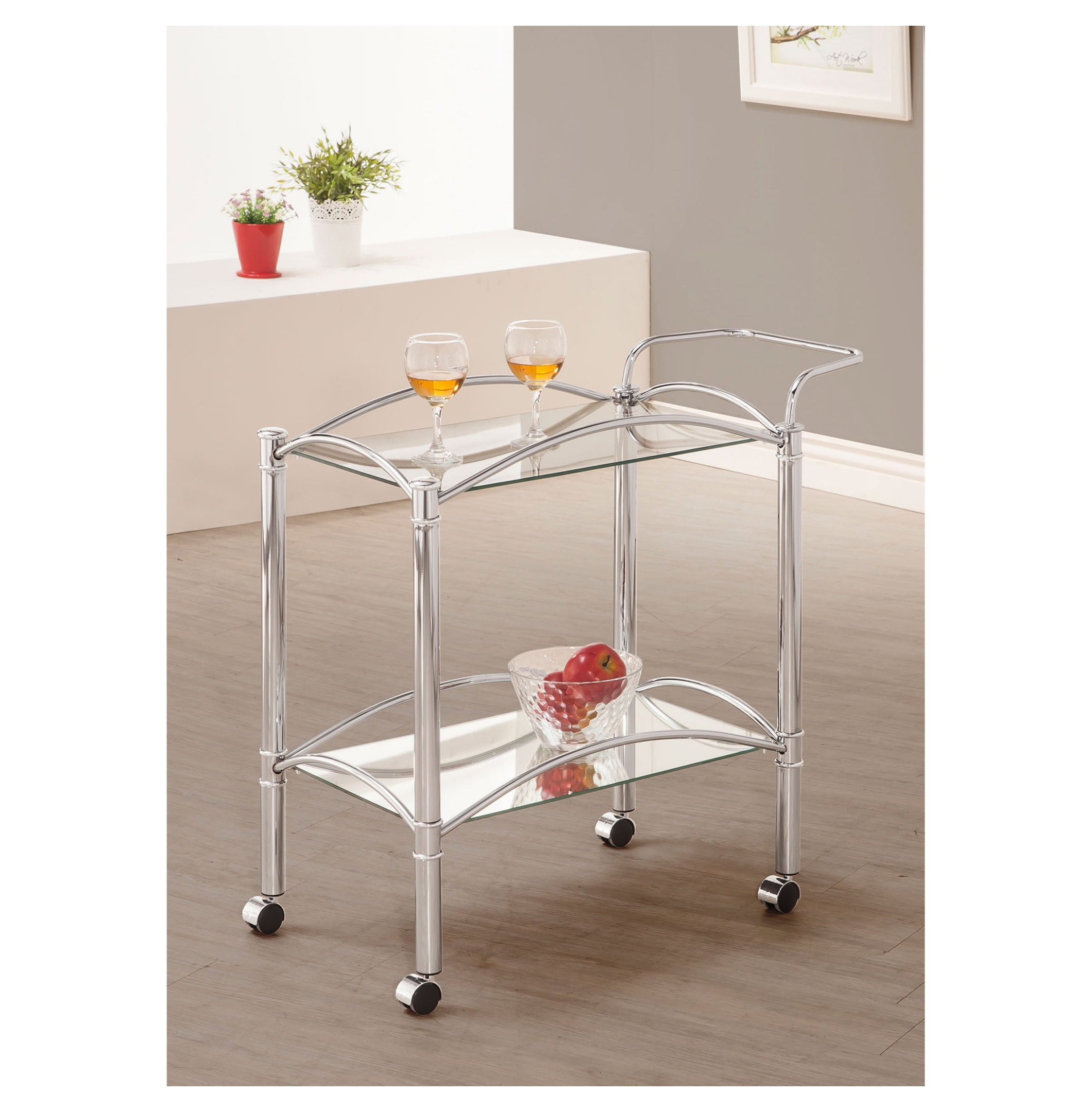 Porch & Den 2-Tier Rectangular Glass Shelf Metal Bar Cart Chrome ...