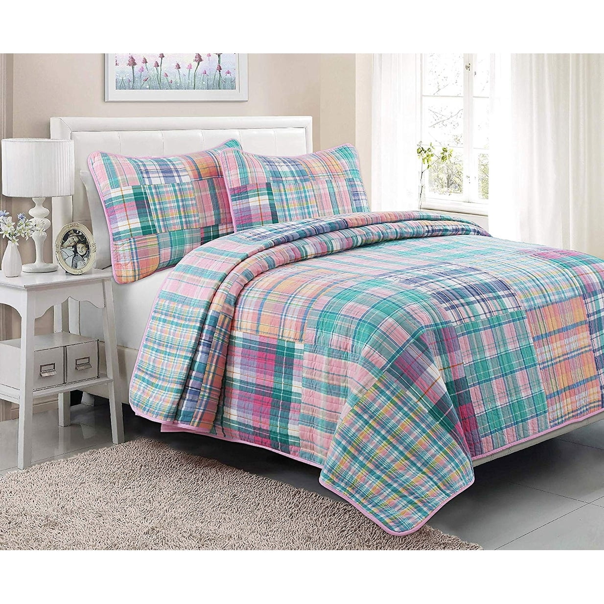 Porch & Den Copel Grid Pink Patchwork Cotton Reversible Quilt Bedding ...