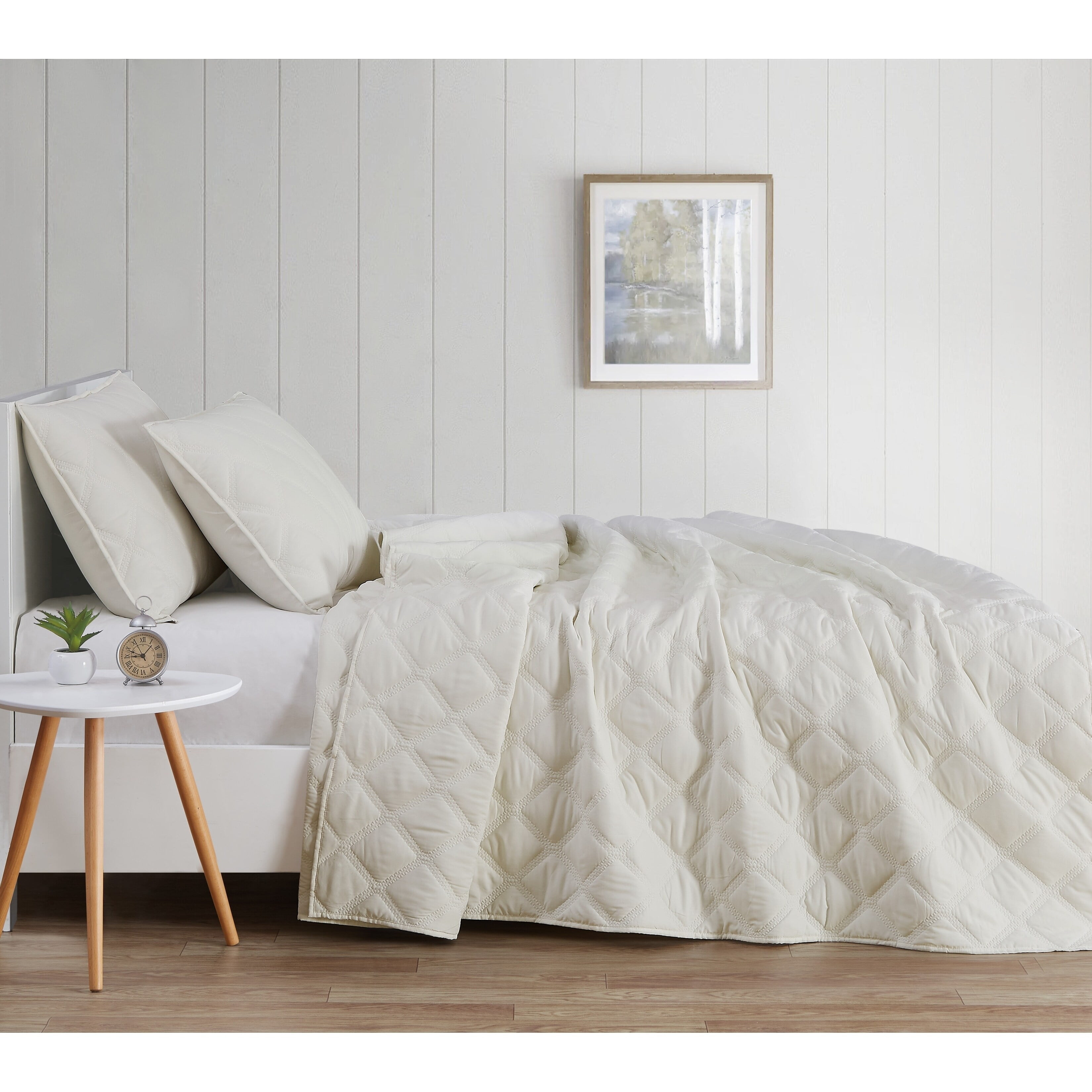 Porch & Den McKinney Diamond Puff Quilt Set Ivory King Solid Color 3 ...