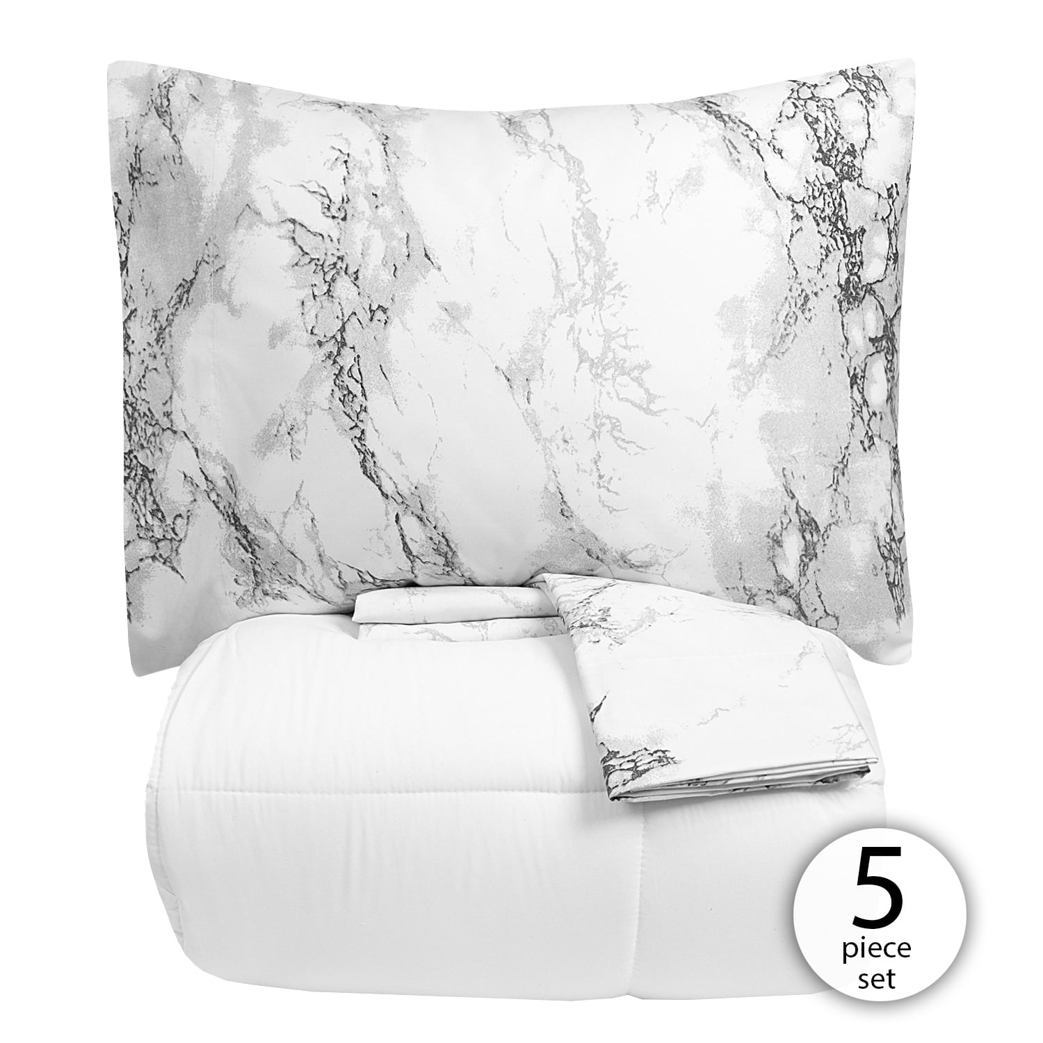 Porch & Den Moro Luxury 5-piece Bed-in-a-Bag Comforter and Marble Print Sheet Set White Full 5 ...