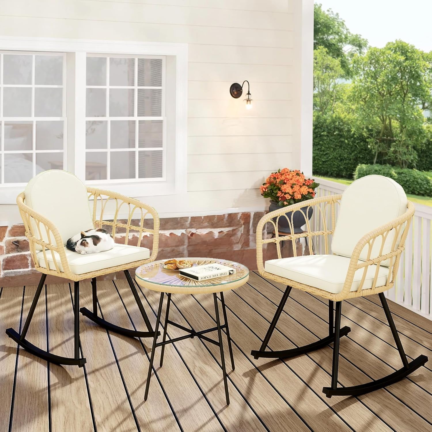 Porch Furniture, 3 Piece Outdoor Patio Rocking Chairs Set of 2, Wicker ...
