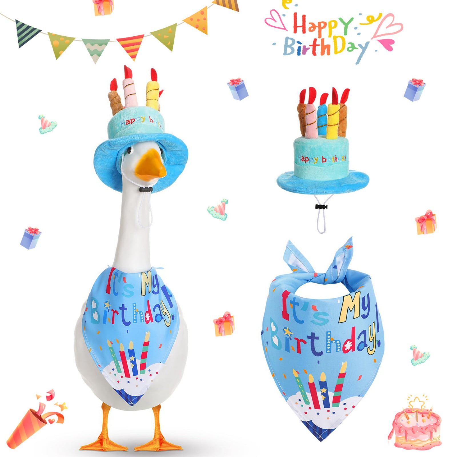Porch Goose Happy Birthday Outfit with Happy Birthday Cake Hat and ...
