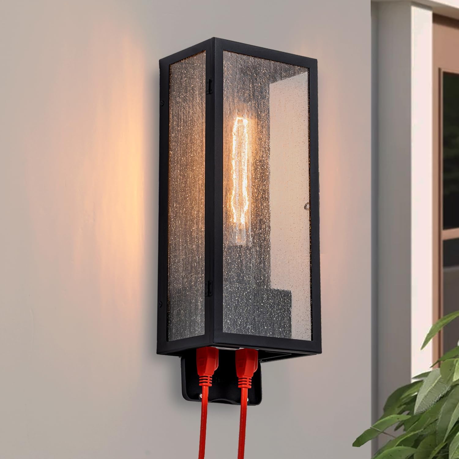 Porch Light with GFCI Outlet, Matte Black Exterior Lighting Fixtures ...