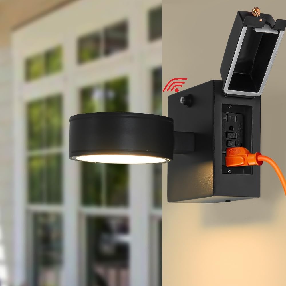 Porch Light with Outlet, Outdoor Wall Sconce Dusk to Dawn, LED Outdoor ...