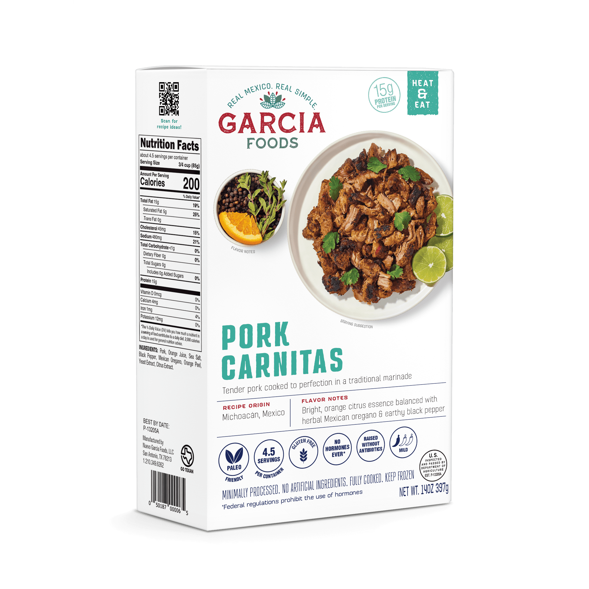 Garcia Foods Pork Carnitas, Fully Cooked Frozen Entree, 14 oz Serves 4 ...