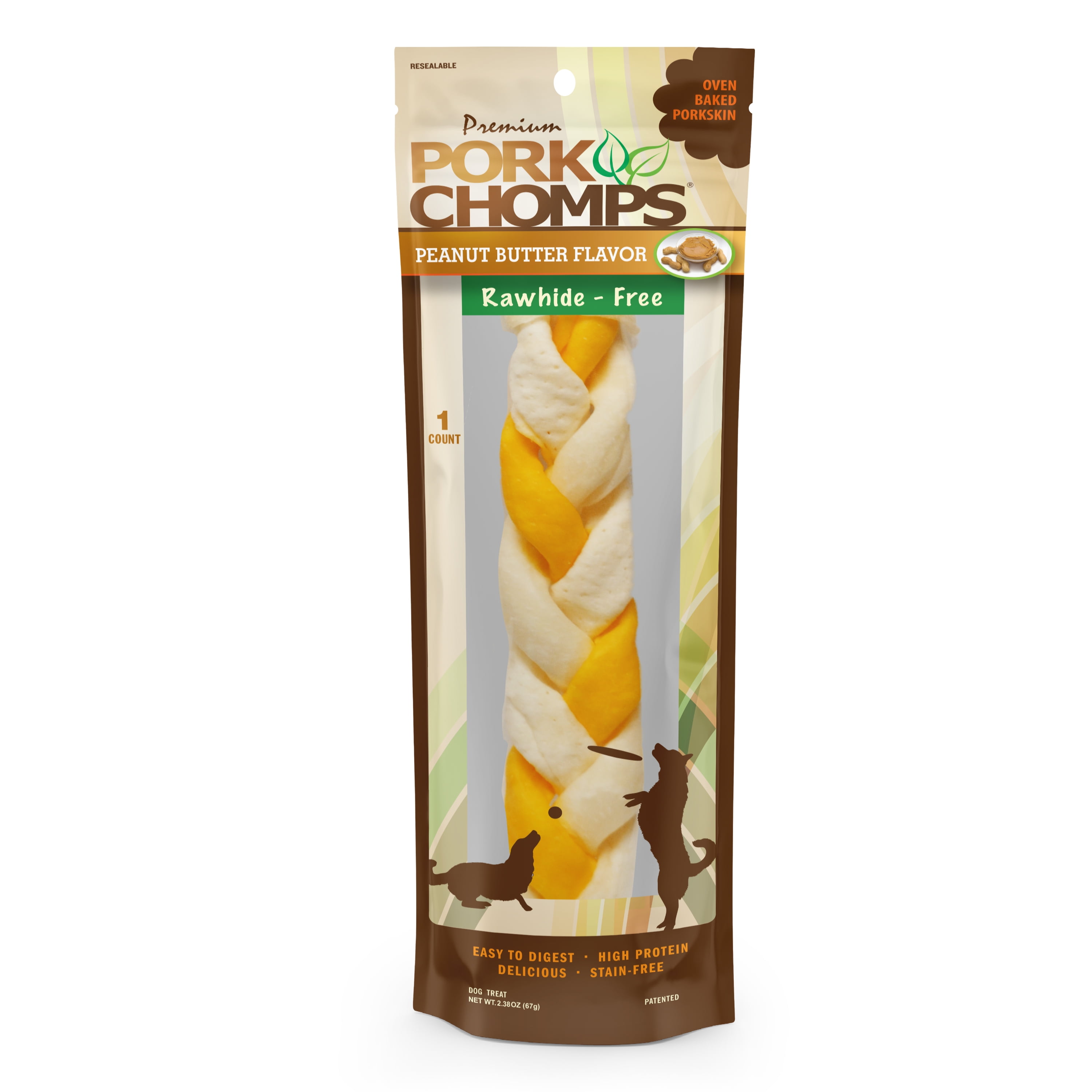 Pork Chomps Premium Rawhide-Free Braided Dog Chew, Peanut Butter Flavor ...