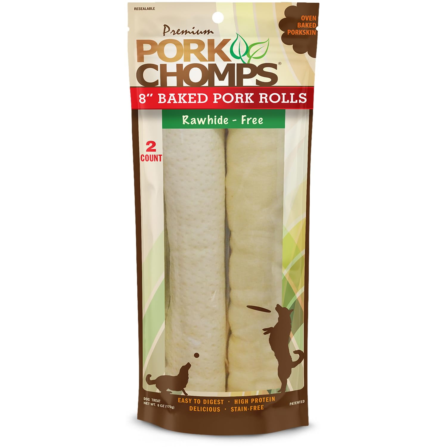 Pork Chomps Baked Pork AIF4 Skin Dog Chews, 8-inch Rolls, 2 Count ...