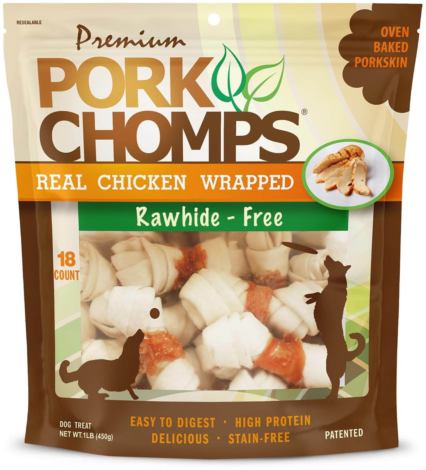 Pork Chomps Baked Pork OIF8 Skin Dog Chews, 3-inch Knots, 18 Count ...