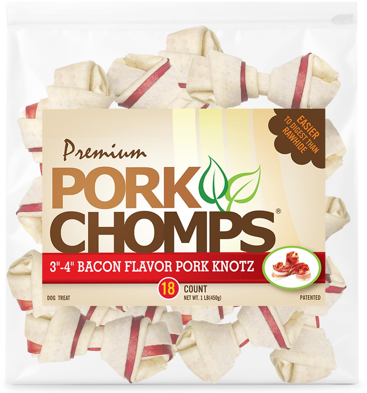 Pork Chomps Baked Pork STF9 Skin Dog Chews, 3-inch Knots, with Bacon ...