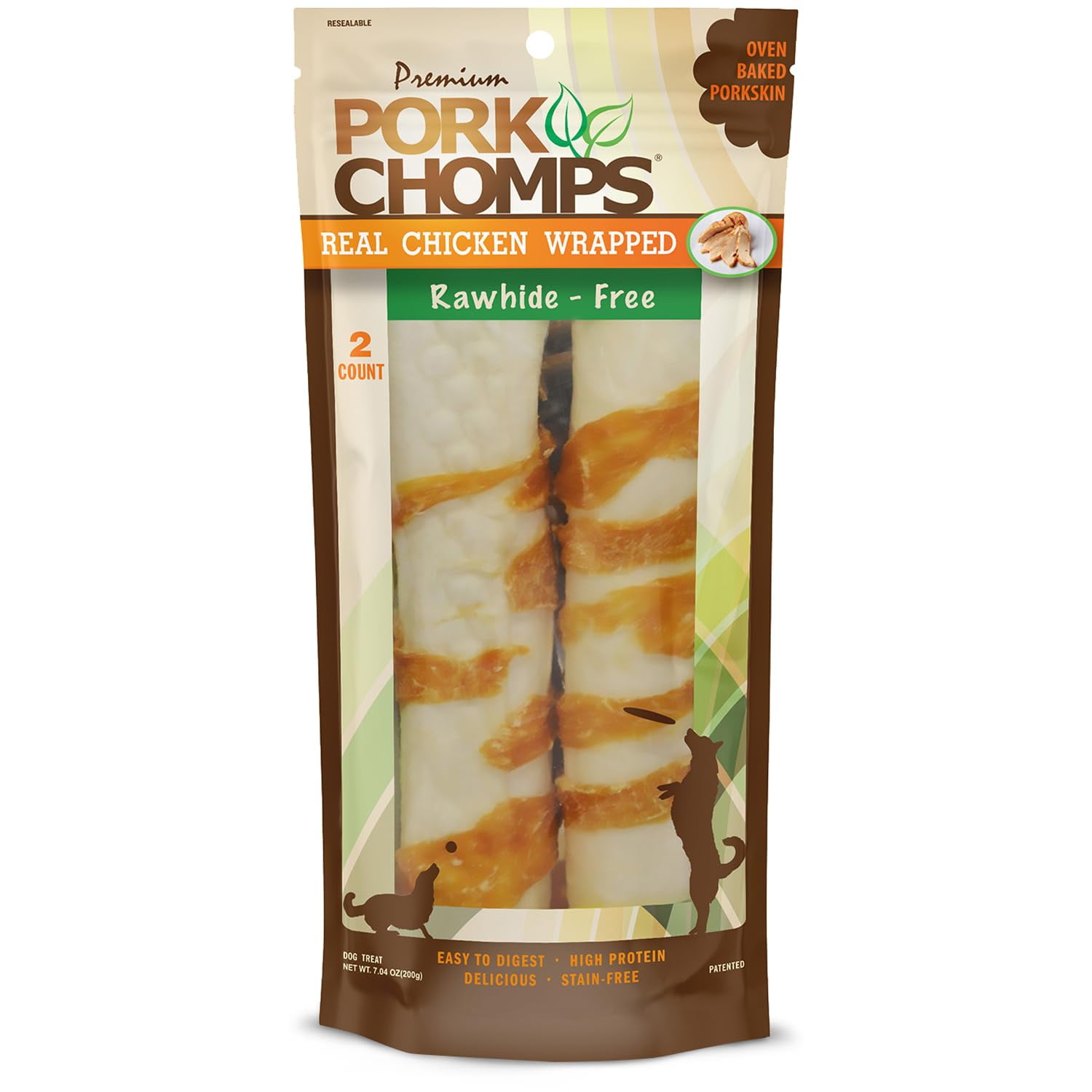 Pork Chomps Baked Pork Skin Dog Chews, 8-inch Rolls, Real Chicken Wrap ...