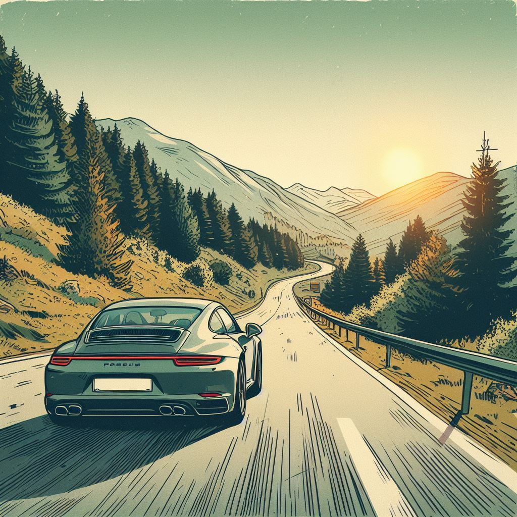Porsche Driving Down A Mountain Road Illustration II - 12" x 18" Art ...