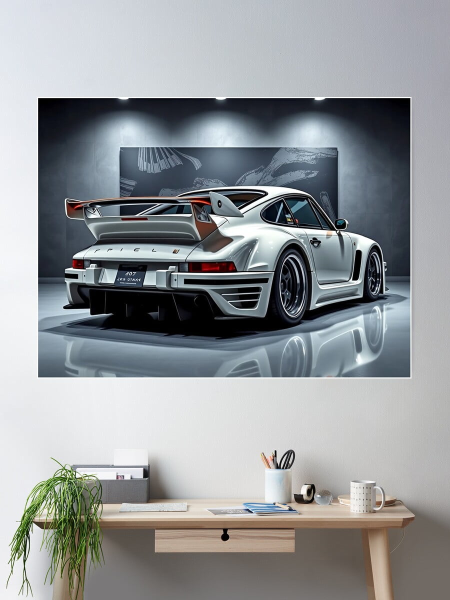 Porsche In White With Body Kit And Artwork Poster Wall Art, Modern Wall ...