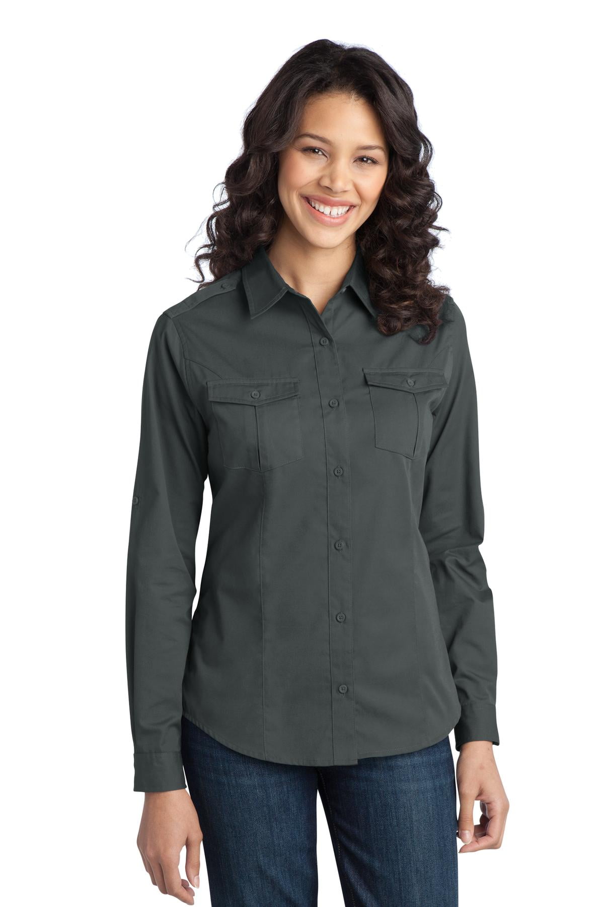 Port Authority Adult Female Women Plain Long Sleeves Shirt Steel Grey ...