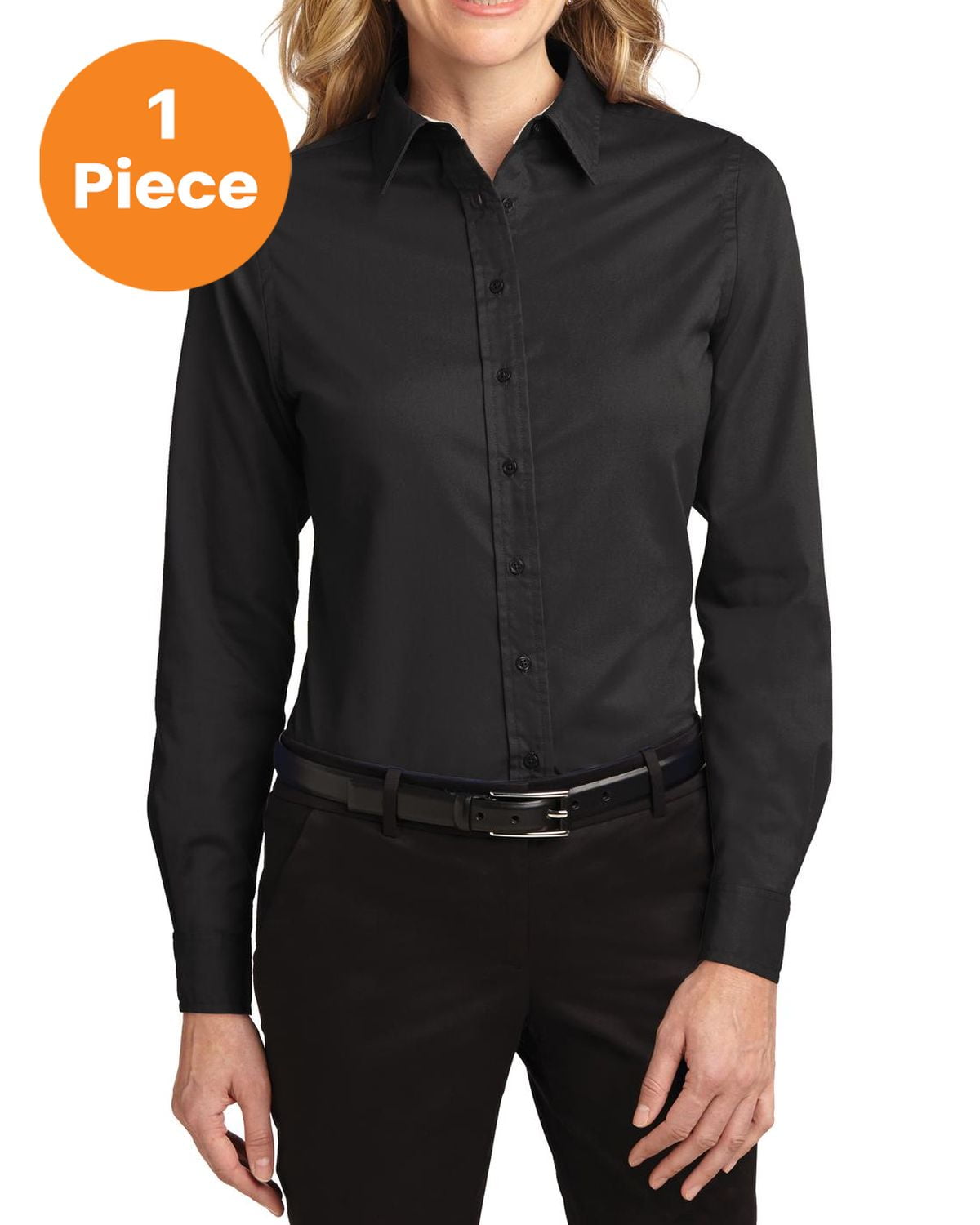 Port Authority L608 Ladies Long Sleeve Easy Care Shirt, Black/ Light Stone, L, Womens Button ...