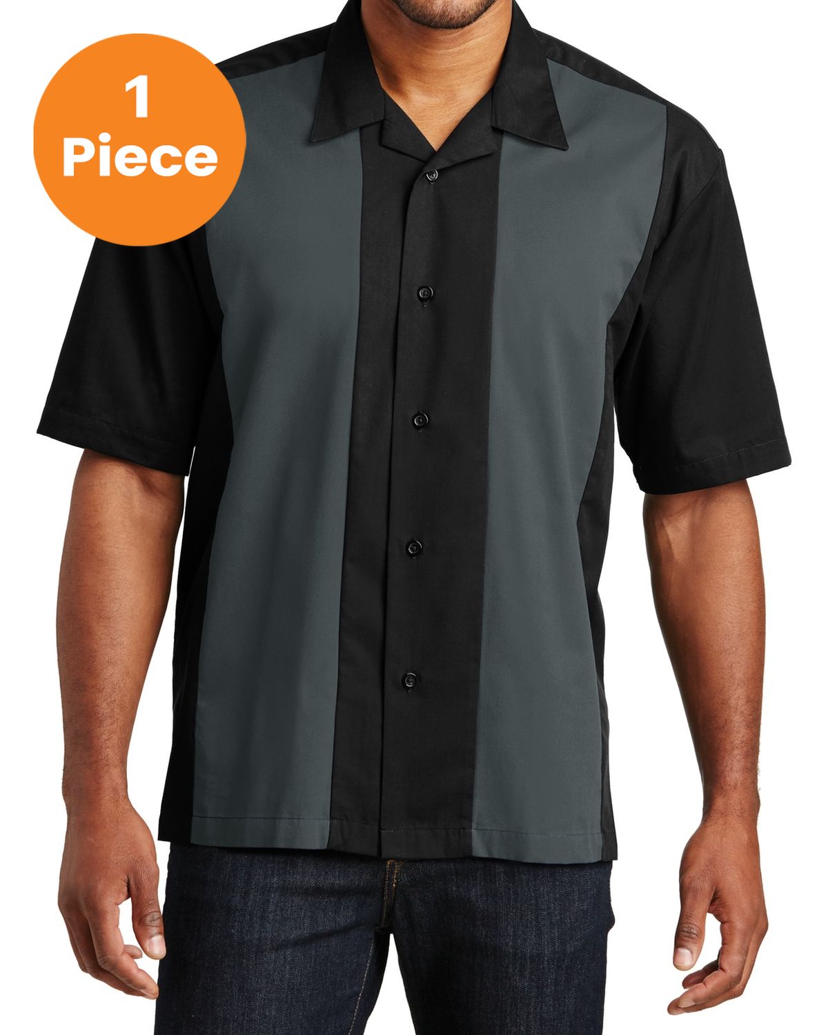 Port Authority S300 Retro Camp Shirt, Black/Steel Grey, XL, Mens Casual ...