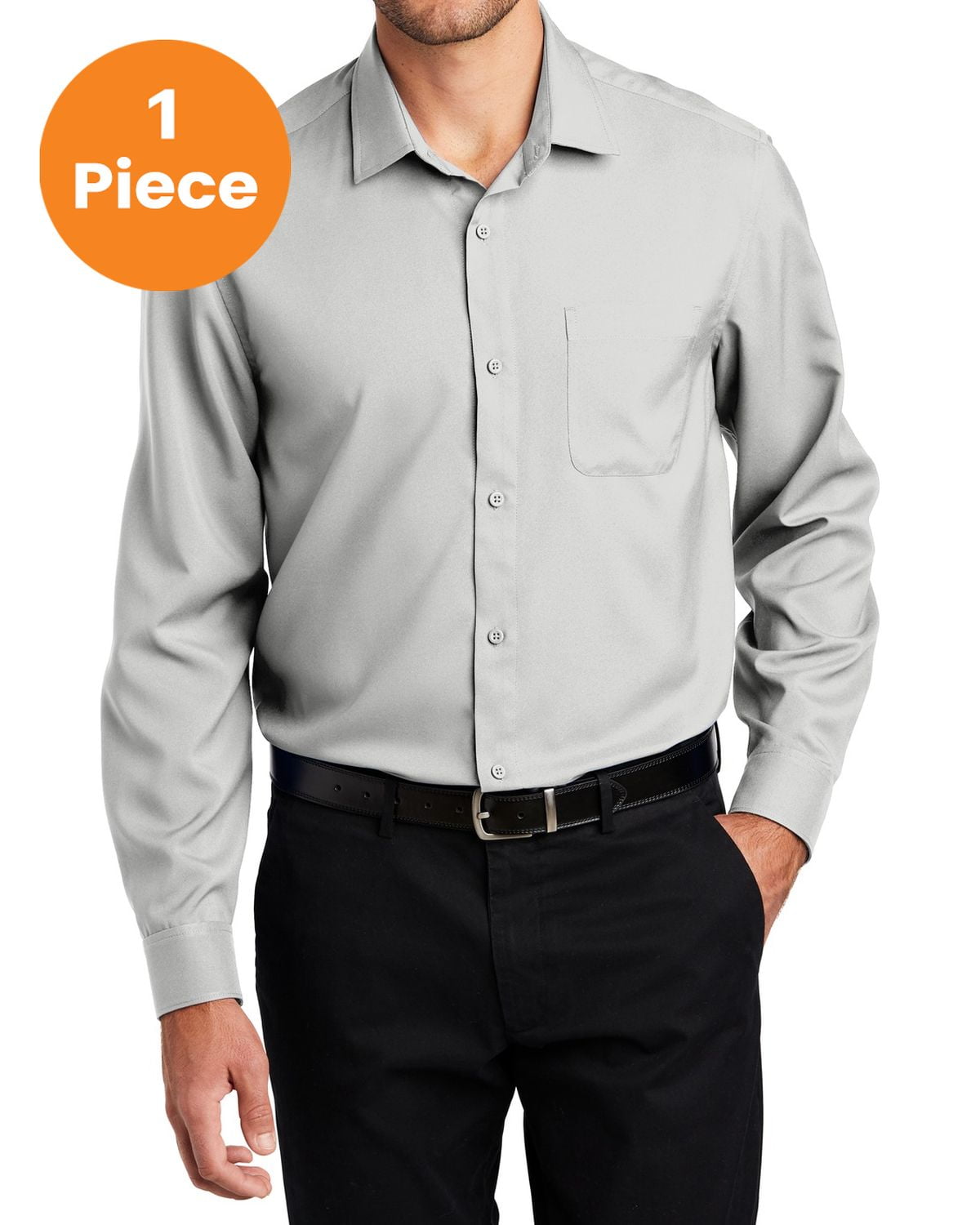 Port Authority W401 Long Sleeve Performance Staff Shirt, Silver, L ...