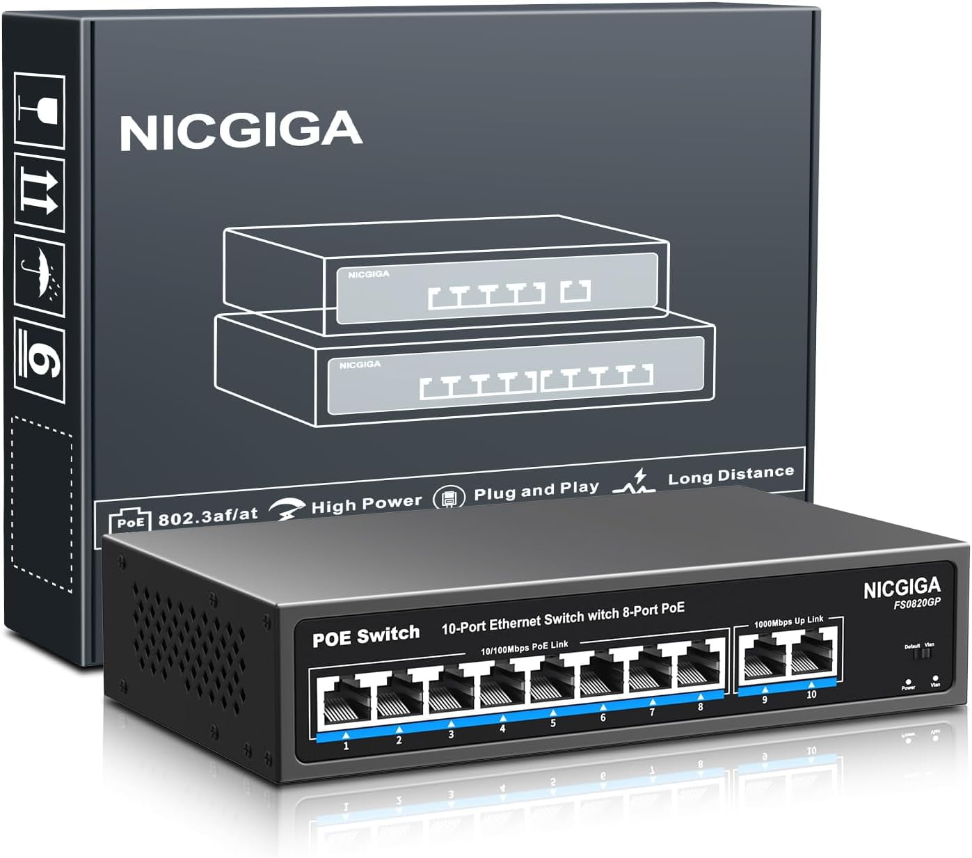Port PoE Switch with 8 Ports 100Mbps PoE+@120W + 2 * Gigabit Uplink Port, NICGIGA 10 Port 802 ...