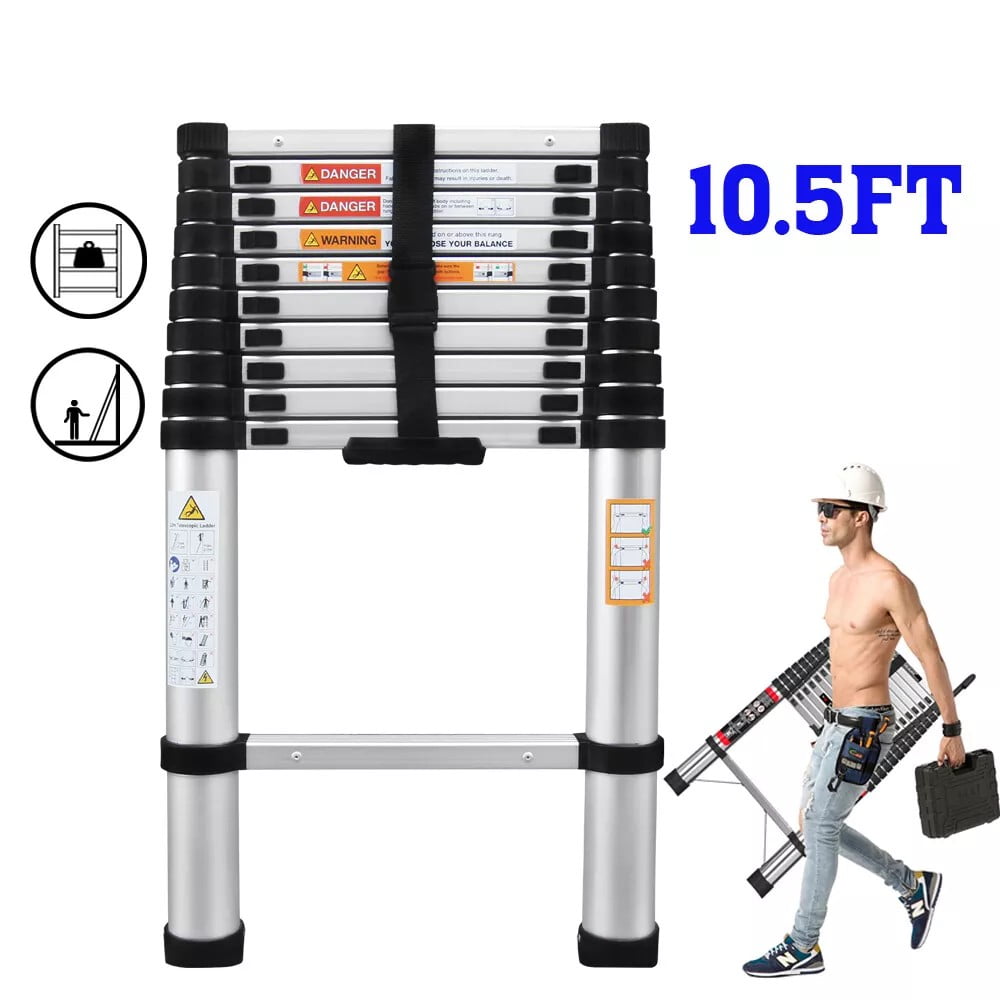 Portable 10FT Telescoping Ladder 375lbs Load Capacity Aluminum ...