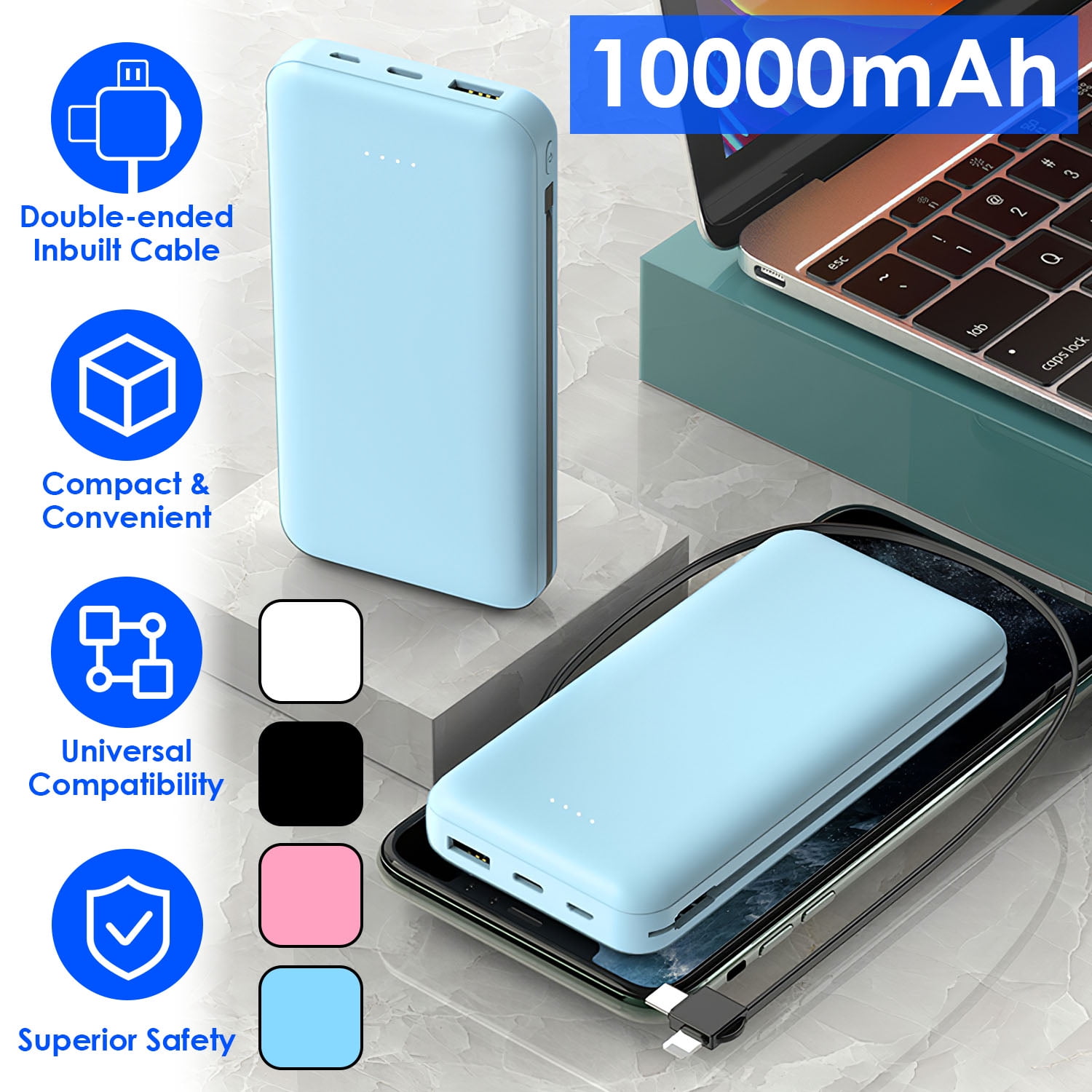 Portable 10000mAh Power Bank External Battery Pack Phone Charger w ...