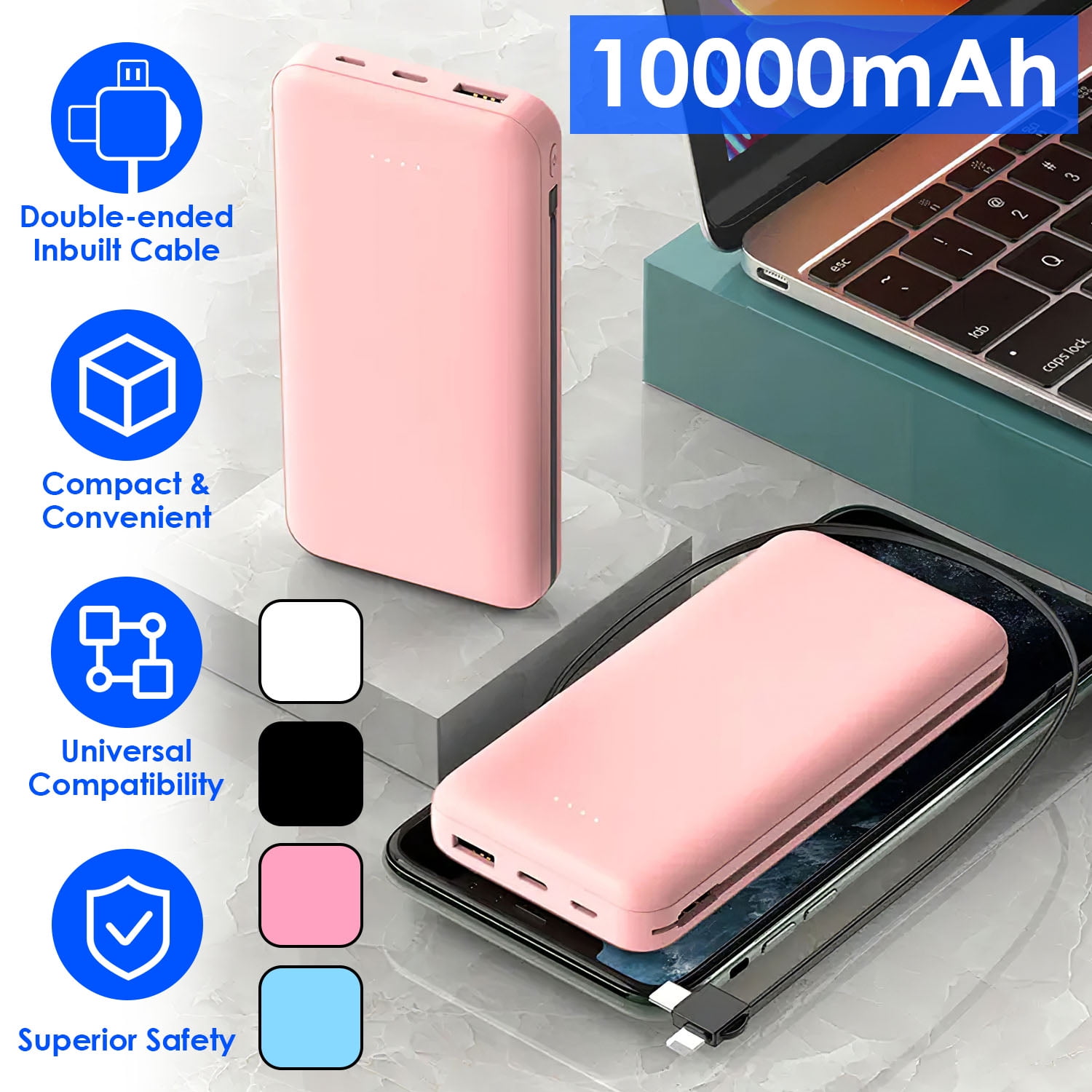 Portable 10000mAh Power Bank External Battery Pack Phone Charger with ...