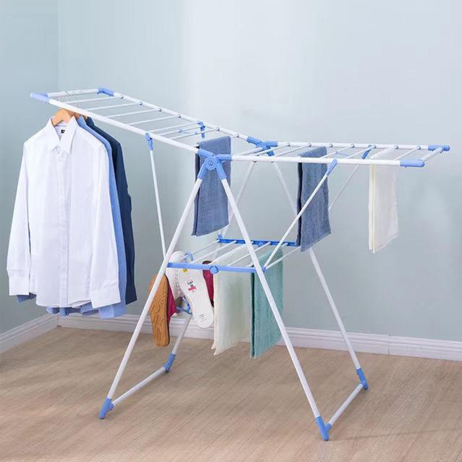 Portable 2-Layer Wing-Style Foldable Clothes Rack with Adjustable ...