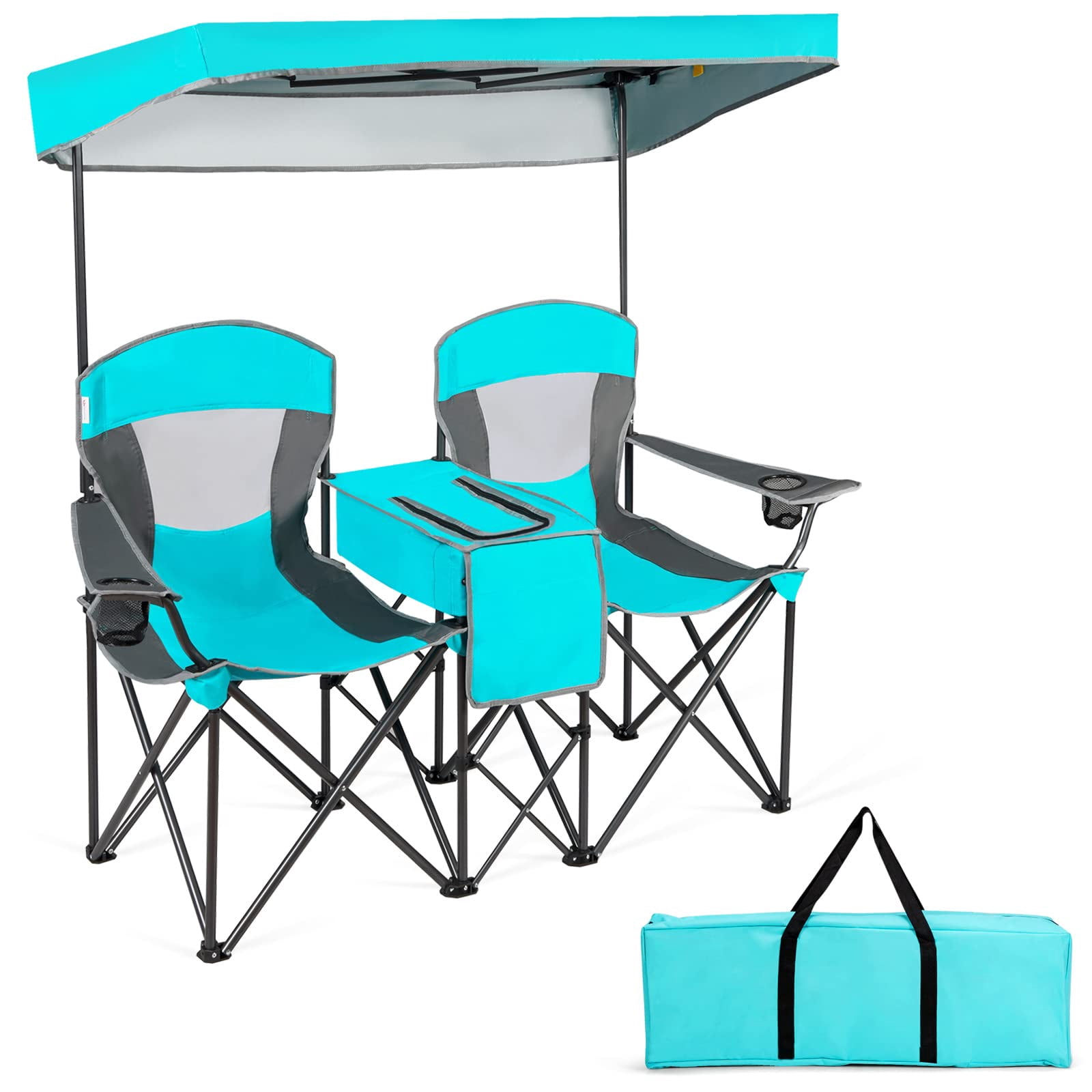 Portable 2-Seater Camping Chair with Adjustable Canopy, Foldable ...