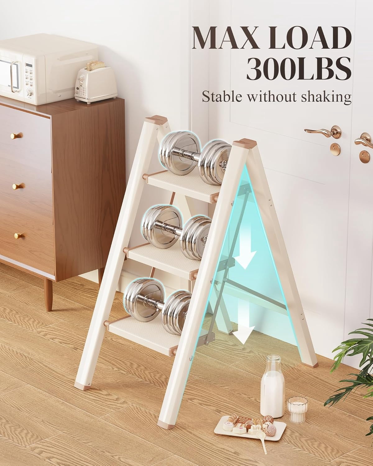Portable 3 Step Aluminum Ladder with Anti-Slip Wide Pedals and Stripes ...