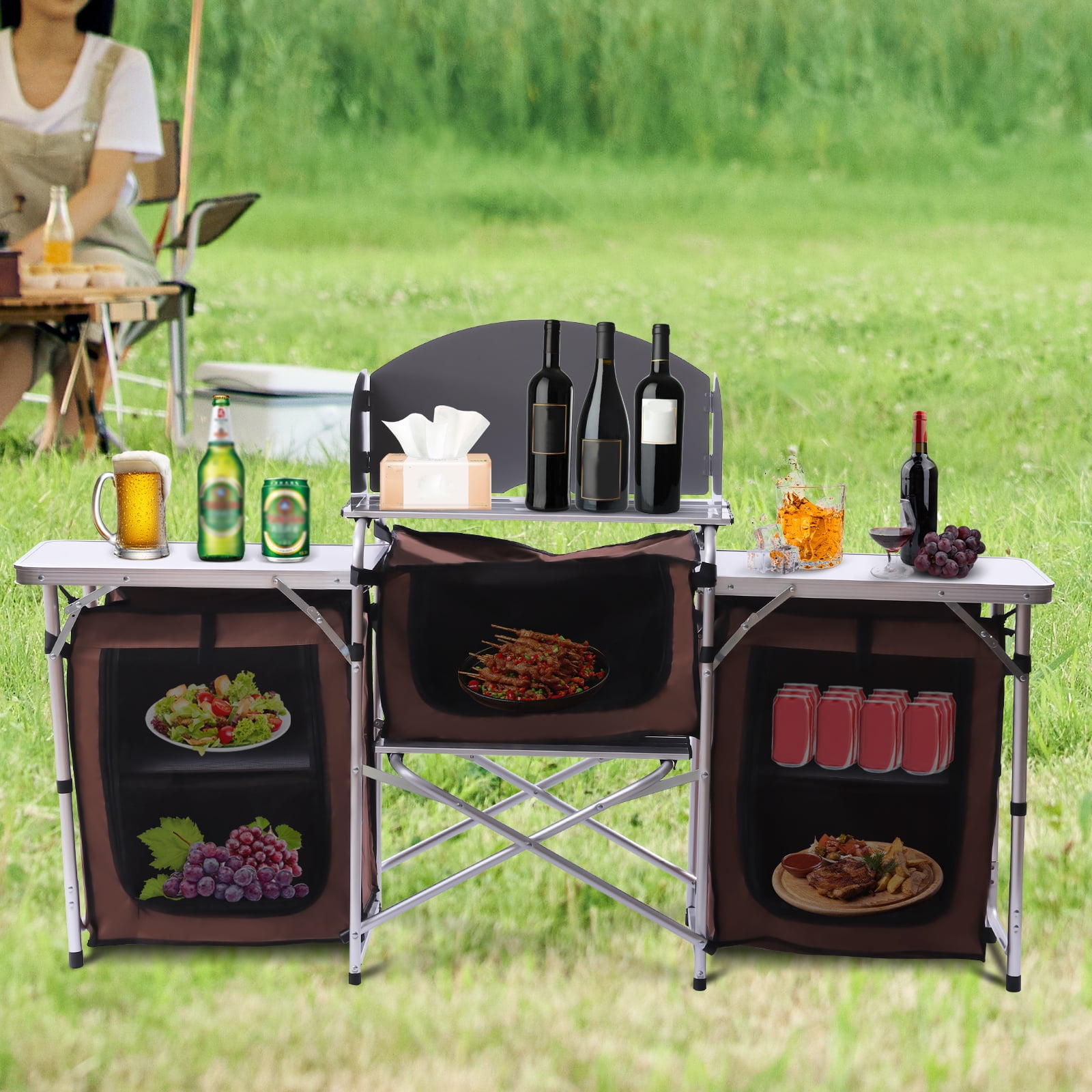 Portable 3-Table Folding Camping Kitchen with Anti-Slip Feet, Brushed ...